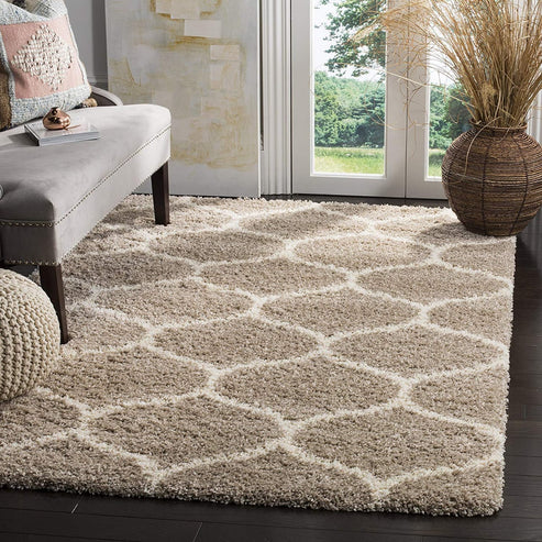 Beige & Ivory Moroccan Diamond Carpet – Soft Microfiber with Anti-Skid ...